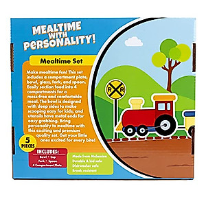 5 Pc Mealtime Set for Kids & Toddlers, Train Theme-Includes Divided Plate, Bowl, Fork & Spoon - Dishwasher Safe, Durable, BPA Free-Cute Compartment Dish to Put Food in 4 Sections for Easy Self-Feeding