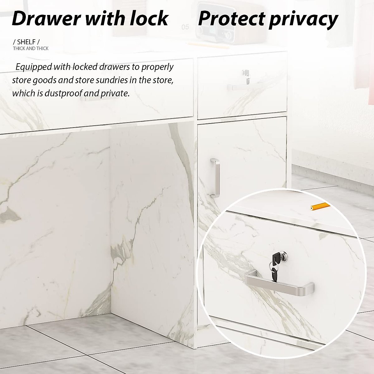 AGOTENI Reception Desk Reception Stations with Open Shelf & Drawers, Wooden Counter Desk with Lockable Drawer for Office Reception Room (Marble White)
