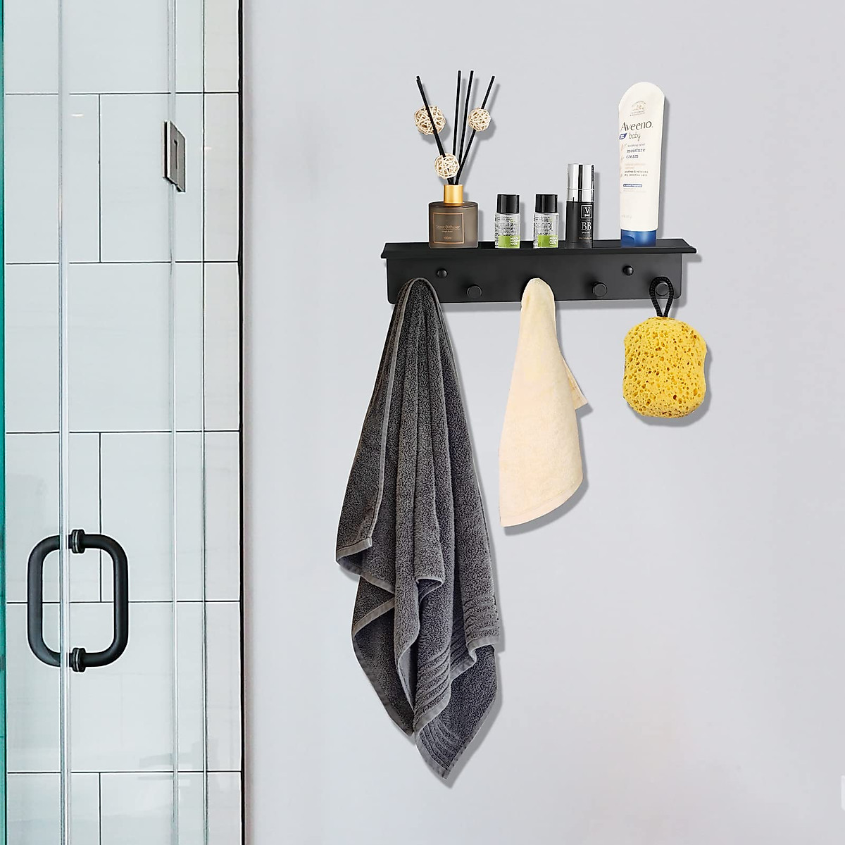 SIMVE Bathroom Towel Rack Wall Mounted, Rustproof Aluminium Shelf with 5 Bath Robe Hook, Decor Display Storage, Hanging Hanger for Hat, Key, Bag Holder