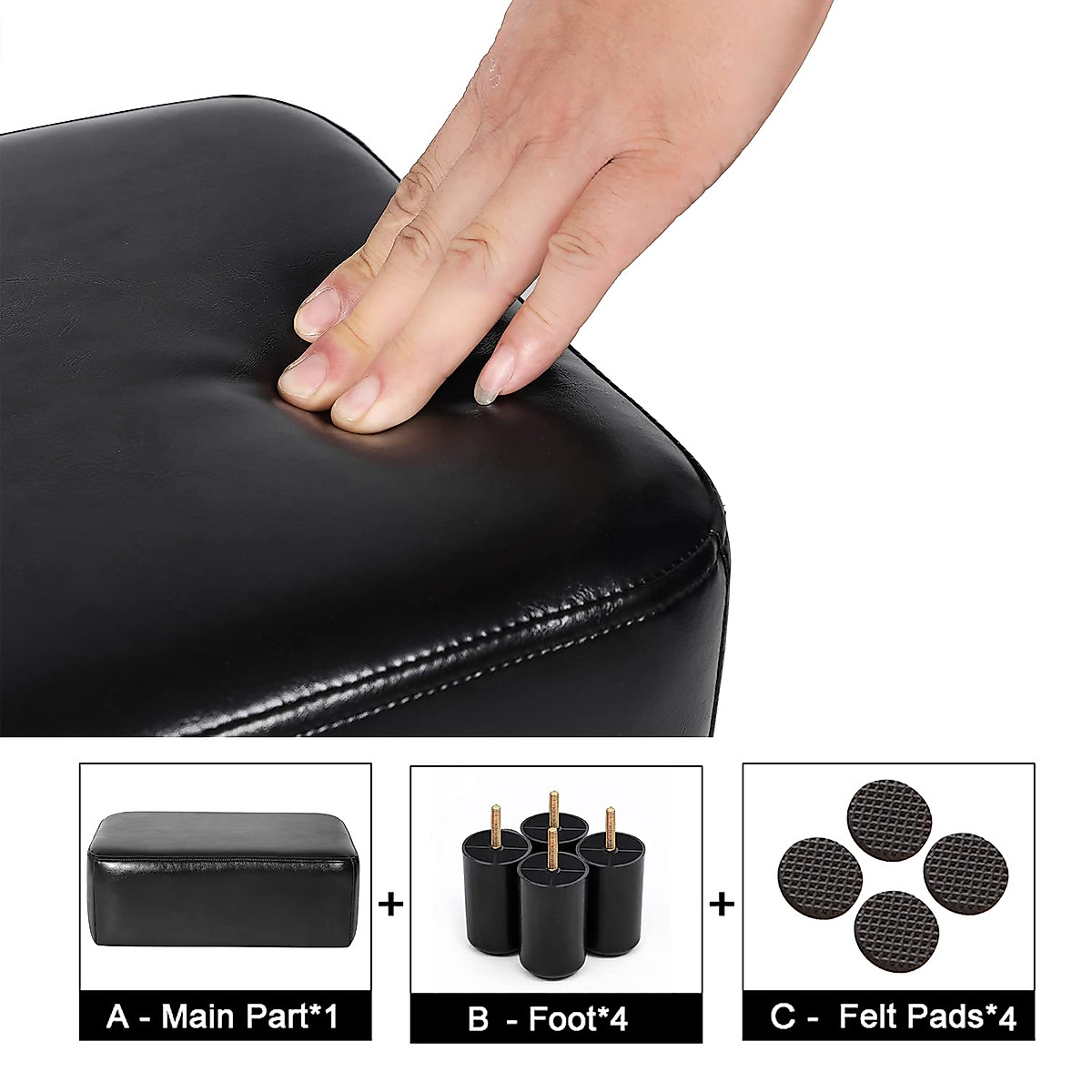 Homebeez 16" Small Footstool PU Leather Ottoman Footrest Modern Home Living Room Bedroom Rectangle Stool with Padded Seat Plastic Legs, Dark