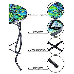VCUTEKA Patio Side Table Plant Stands Outdoor Accent Table Small Mosaic Table Glass Top Round Balcony Coffee Table