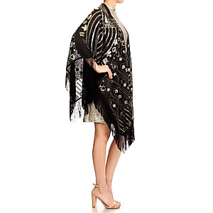 Anna-Kaci Womens Oversized Gatsby Hand Beaded Fringed Sequin Evening Shawl Wrap, Black+Gold, Onesize