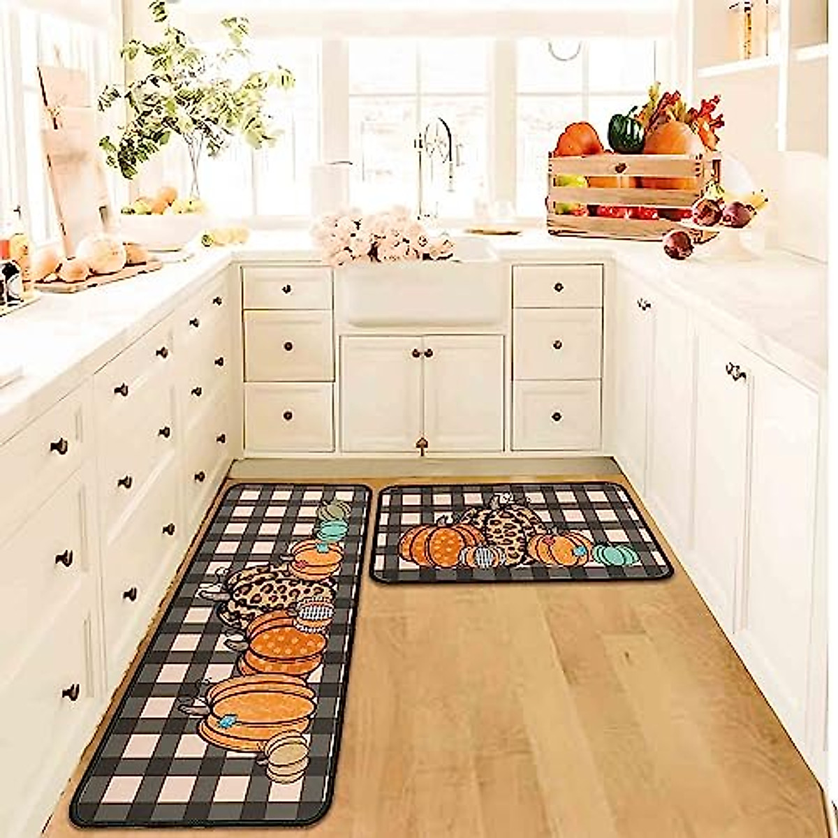 Fall Kitchen Rugs and Mats Set of 2, Thanksgiving Kitchen Rug Non Slip Backing Fall Decorations for Home Seasonal Farmhouse Fall Holiday Autumn Harvest Low-Profile Kitchen Floor Mat 17"X47"+17"X30"