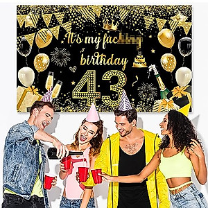 It's My Birthday banner Backdrop，Large Happy Birthday party decorations Backdrop ，Fun Black Gold Banner Birthday Decoration Supplies(Black gold 43)