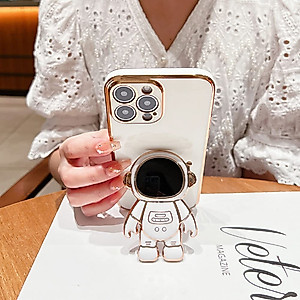 AIGOMARA 6D Plating Astronaut Hidden Stand Case Cover for iPhone 13 Pro Max Women Astronaut Folding Bracket Kickstand iPhone Case with Camera Protector Soft TPU Shockproof Bumper 6.7 Inch - White