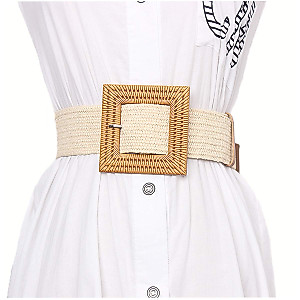 YUCFOREN Women Skinny Dress Belt, Fashion Straw Woven Elastic Stretch Waist Band Wood Buckle Belt, Sand