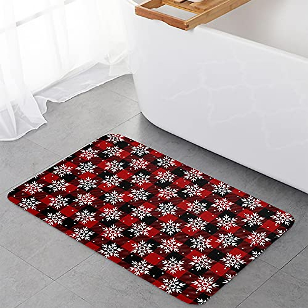 Christmas Bath Rugs White Snowflake Sponge Doormat Absorbent Non Slip Backing Durable Soft Flannel Mat Red Buffalo Plaid Checkered Christmas Memory Foam Mats Carpet for Bathroom Kitchen 16 x 24 inches