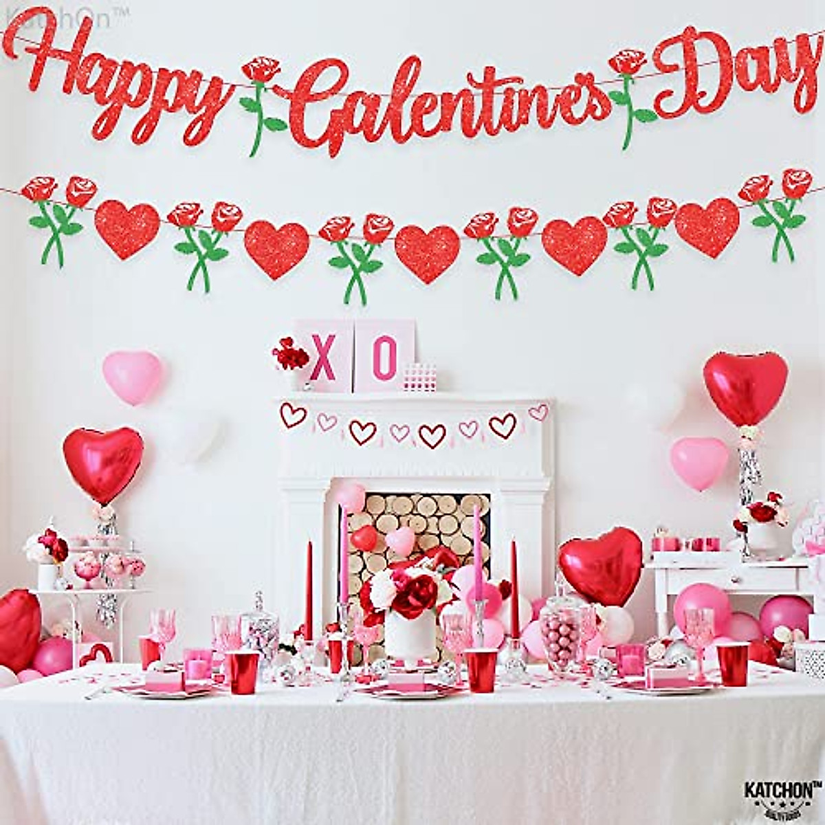 Happy Galentines Day Banner with Roses - 2 Strings, No DIY | Happy Galentines Day Decorations | Galentines Day Party Favors for Be My Galentine Decor | Galentine's Day Decorations, Galentines Décor