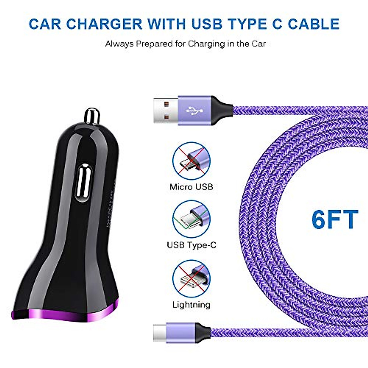 Type C Car Charger for Samsung Galaxy S23 A14 A04S A53 A13 A02S A12 A21 A10E A20 A32 A42 A50 A51 S22 S21 S20,LG Stylo 6 5 4 V60 K51 Velvet,Moto G Power G Stylus,Car Adapter+6ft Fast Charge USB C Cable