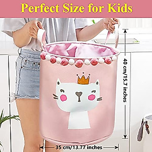Cute Babys Laundry Basket - Kids Laundry Hamper for Girls, (Cat) Collapsible Thicken Durable Toys Organizer Storage Round Baskets and Nursery Bedroom Decor (Pink）