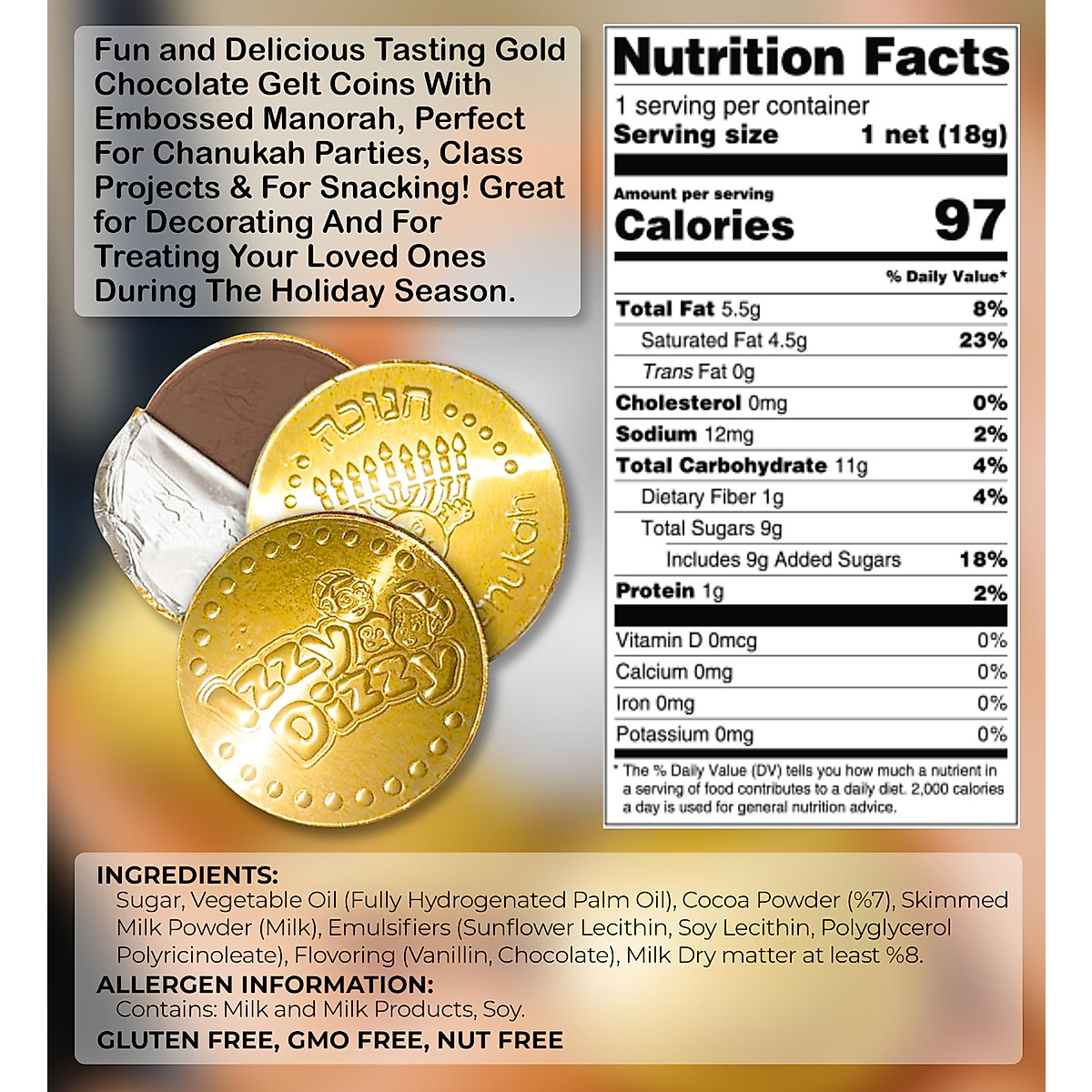 Izzy 'n' Dizzy Hanukkah Gelt Coins Chocolate, Kosher Milk Chocolate Coins Nut Free (Dairy), Filled with Menorah Embossed Hanukkah Gelt Coins (12 Mesh Bags)