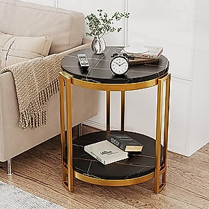 Alunaune Industrial End Table, 2-Tier Marble Look Round Side Table, Small Modern Storage Shelf Gold Metal Coffee Table Nightstand for Living Room Bedroom-Black