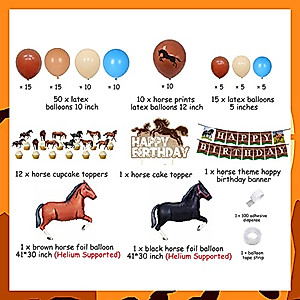 Horse Birthday Party Decorations, Cowboy Birthday Party Supplies for Boys - Horse Racing Theme Happy Birthday Banner Cake Cupcake Toppers Brown Blue Balloon Garland Arch Wild Horse Foil Balloons