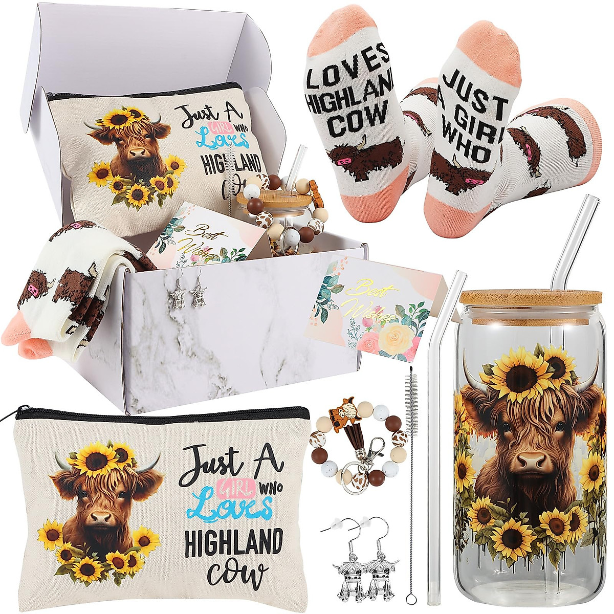 SAIWEILAI ONLINE 6 Pieces Highland Cow Gifts Set for Women Cow Lovers 16oz Glass Cups Just a Girl Who Loves Highland Cow Makeup Bag Cow Socks Keychain Earrings and Gift Box for Women Mom Sister Gift