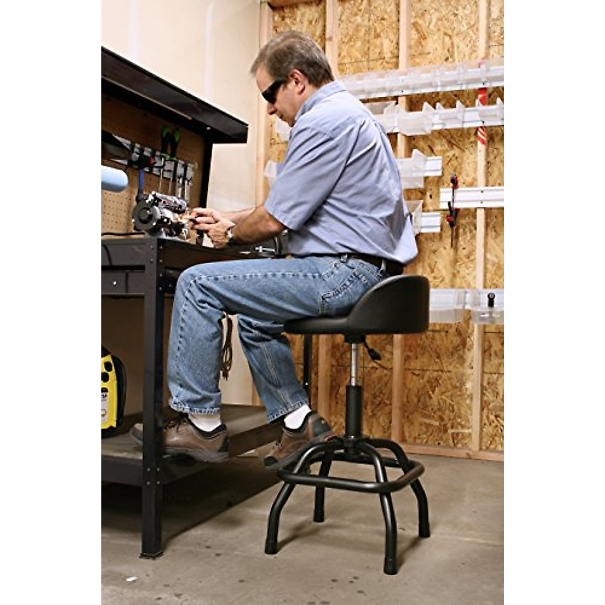 Performance Tool W85011 Adjustable Height Bar Stool, Pneumatic Swivel Bar Stool with Back Support, 360 Degree Swivel, Heavy Duty Steel Frame Stool Perfect for Home, Bar and Shop, Black