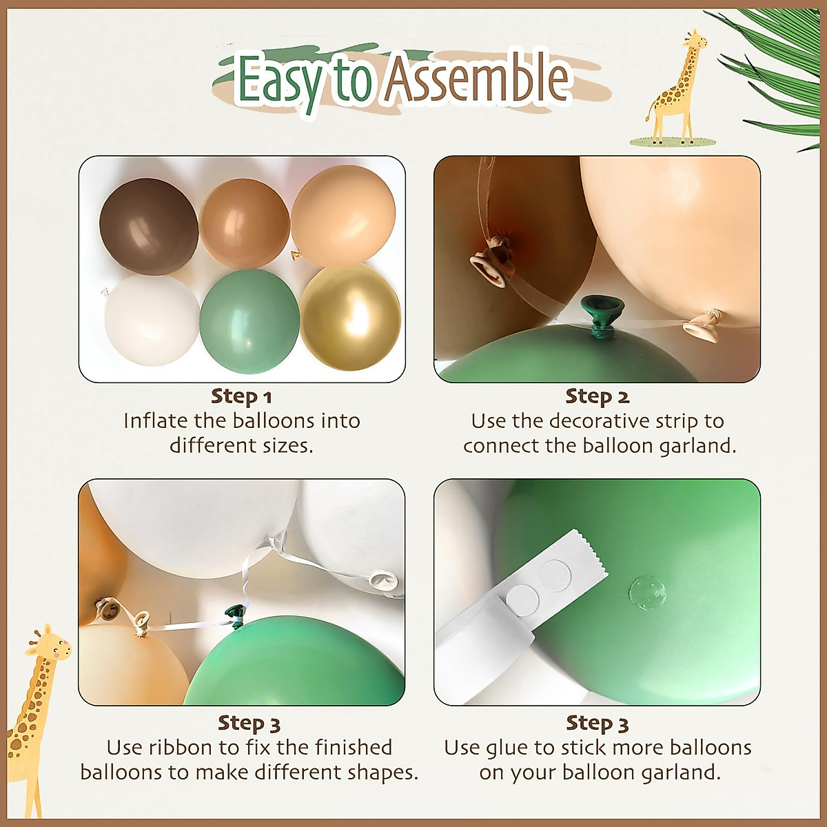 FOTIOMRG 152pcs Sage Green Brown Balloon Garland Kit, Jungle Safari Woodland Balloon Arch Kit with palm leaves artificial Ivy leaves for Two Wild One Birthday Wedding Baby Shower Party Decorations