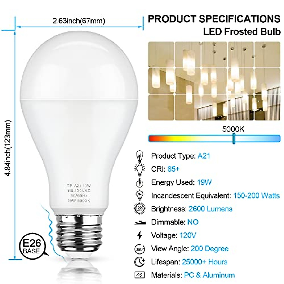 MAXvolador A21 LED Light Bulbs, 150 Watt Equivalent Daylight White 5000K, 2600 Lumens, E26 Base, Non-Dimmable, 19W Bulbs for Bedroom Living Room Commercial Lighting, Pack of 6