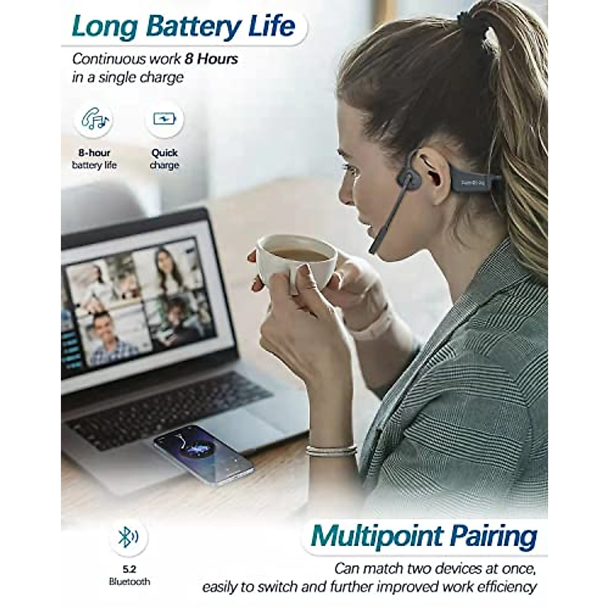 Bone Conduction Headphones with Mic,Bluetooth Headset with Noise-Canceling Boom Microphone, Wireless Headset Waterproof Open Ear Headphones for Trucker Drivers Online Meeting Office Home Business