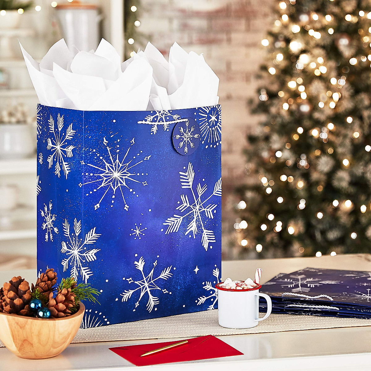 Hallmark 17" Extra Large Holiday Gift Bags with Tissue Paper (3 Gift Bags: Starry Snowflakes on Navy Blue) for Christmas, Hanukkah, Weddings, Birthdays