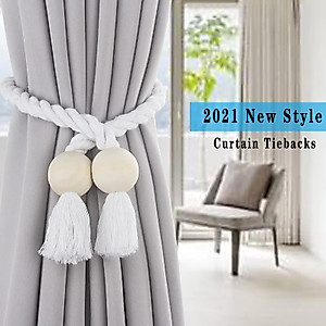 Porlau 2 Pack White Magnetic Curtain Tiebacks Cotton Hand Woven Tieback Holdback Decorative Tie Backs for Drapes with Wooden Buckle No Tools Required