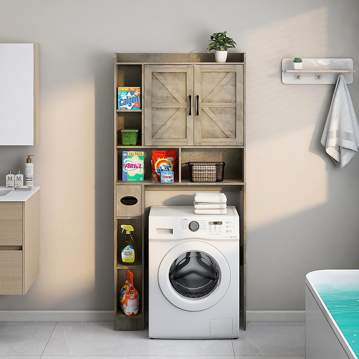 Over The Toilet Storage Cabinet, Farmhouse Storage Cabinet Over Toilet with 2 Barn Door & Toilet Paper Holder Stand，Home Space-Saving Toilet Rack, for Bathroom, Restroom, Laundry