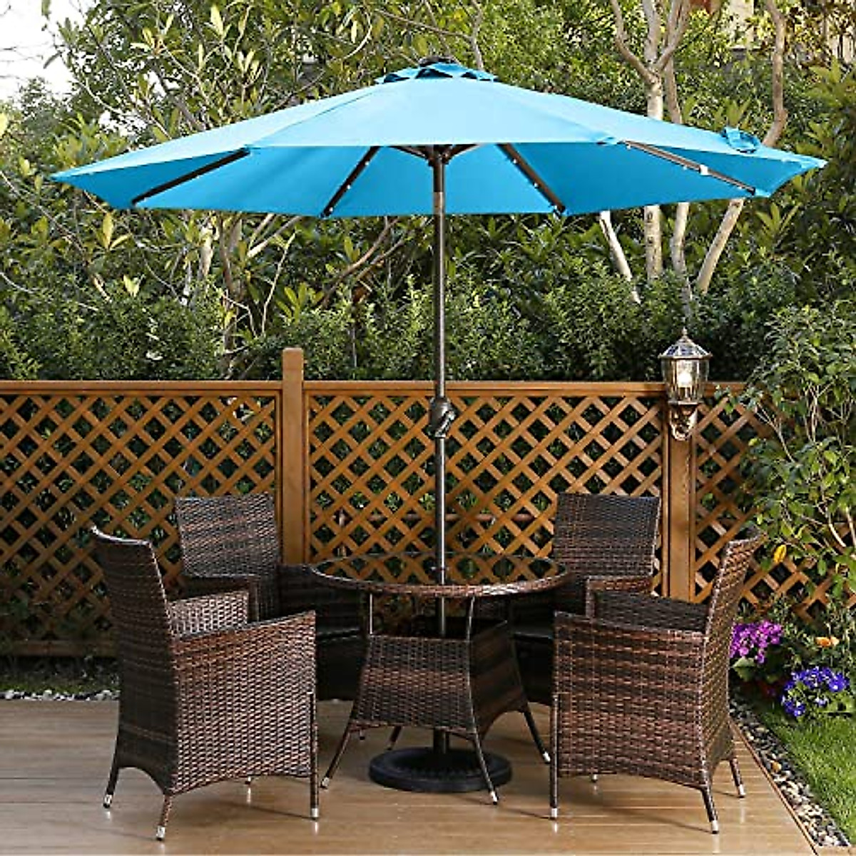 Aok Garden 9 ft Patio Umbrella LED Lighted Outdoor Table Umbrella, Aluminum Pole 8 Ribs Umbrella with Tilt and Crank