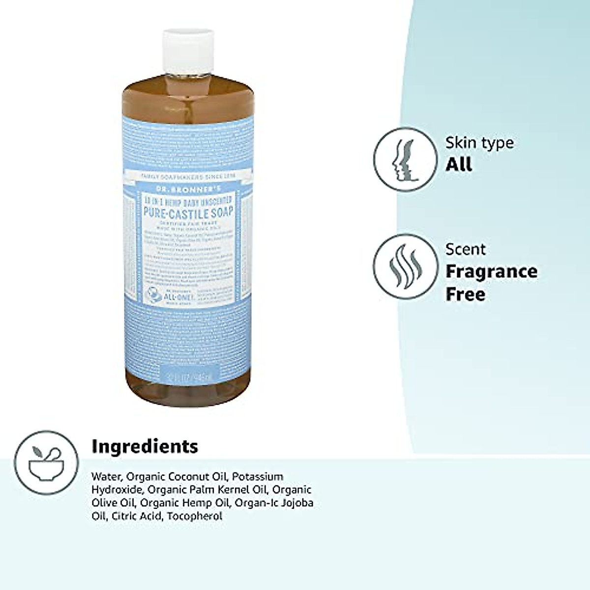 Dr. Bronner's 32 Ounce Pure Castile Soap - Liquid44; Unscented44; Baby Mild