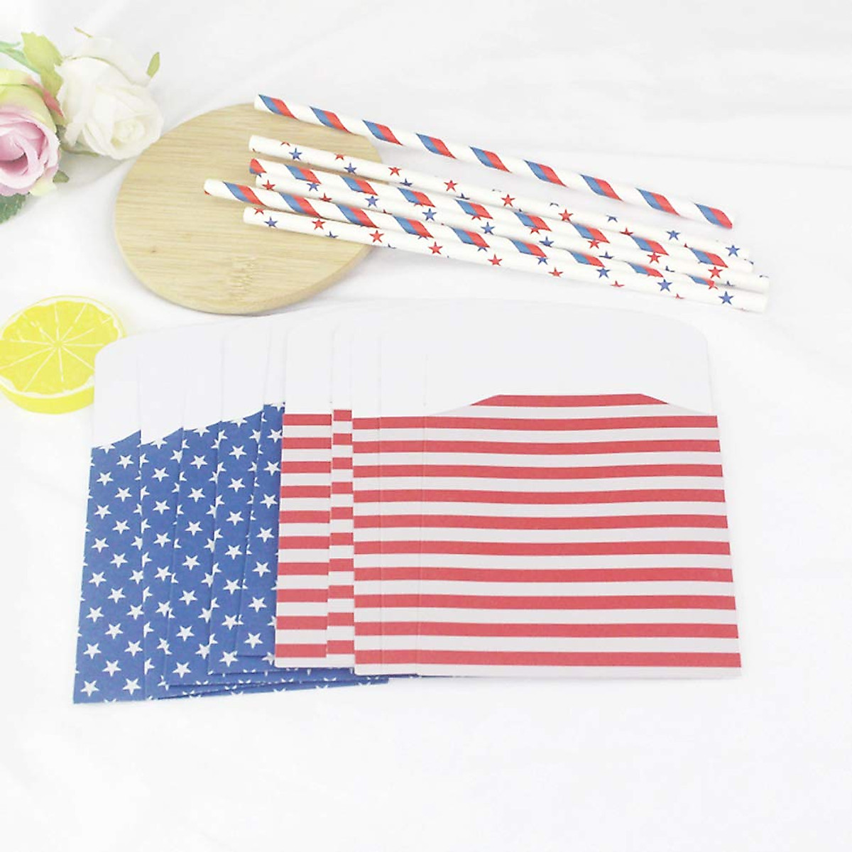 48pcs American Flag Candy Bags Disposable Party Flatware Organizers Americana Decor Paper Cutlery Pouches Fork Dinner Table Decor Cutlery Pocket Utensils Dining Table Travel