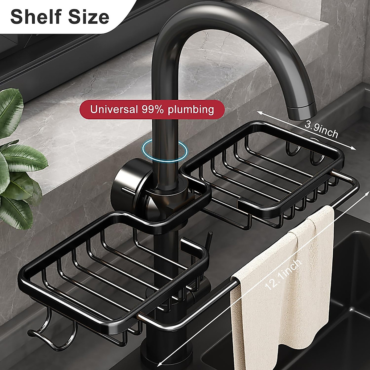 UOWGA Faucet Holder Kitchen Bathroom Faucet Holder Faucet Sponge Holder Kitchen Sink Box Space Aluminum Removable Faucet Holder Double Sink with Hooks (Black)