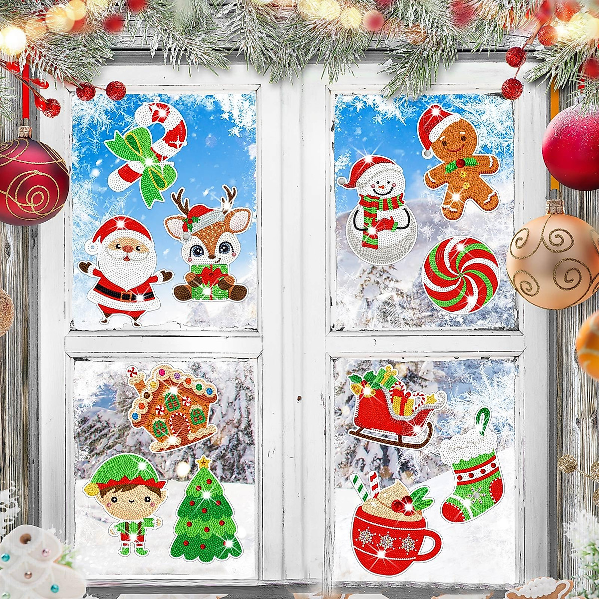 Gueevin 12 Pcs Diamond Painting Window Clings Kits Diamond Art Kits for Kids Glass Window Clings DIY Craft Kits Cute Diamond Art Painting Ornament for Adults Women Kids Gifts(Classic)