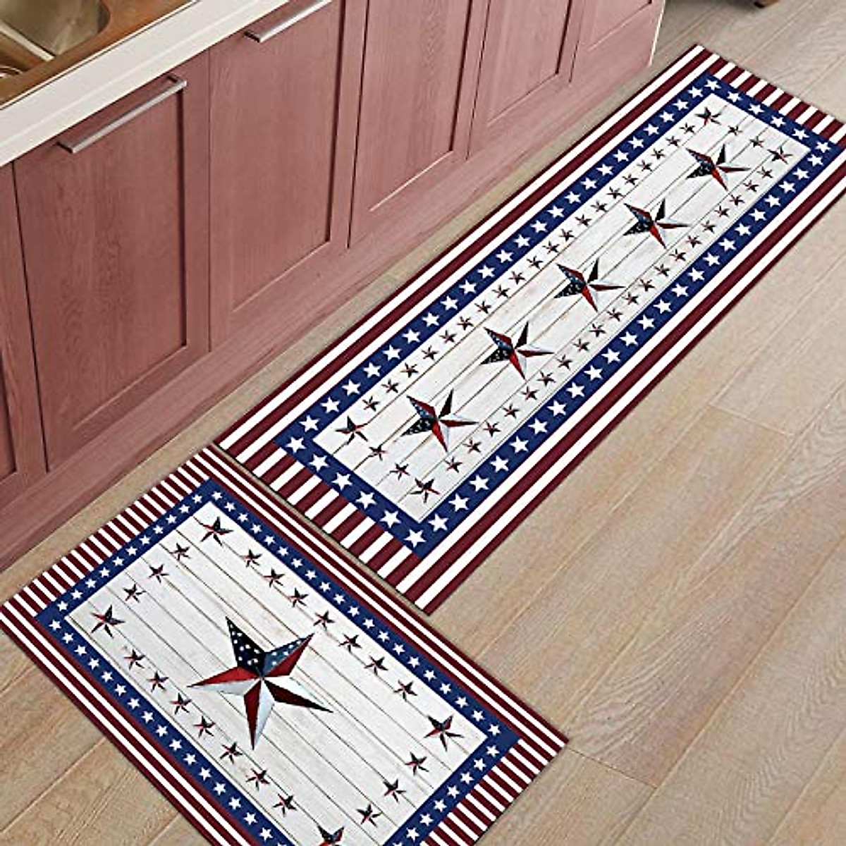 Independence Day Kitchen Rugs Sets 2 Piece Floor Mats American USA Flag Day Theme Stars Red Stripe Doormat Non-Slip Rubber Backing Area Rugs Carpet Inside Door Mat Pad Sets-15.7" x 23.6"+15.7" x 47.2"