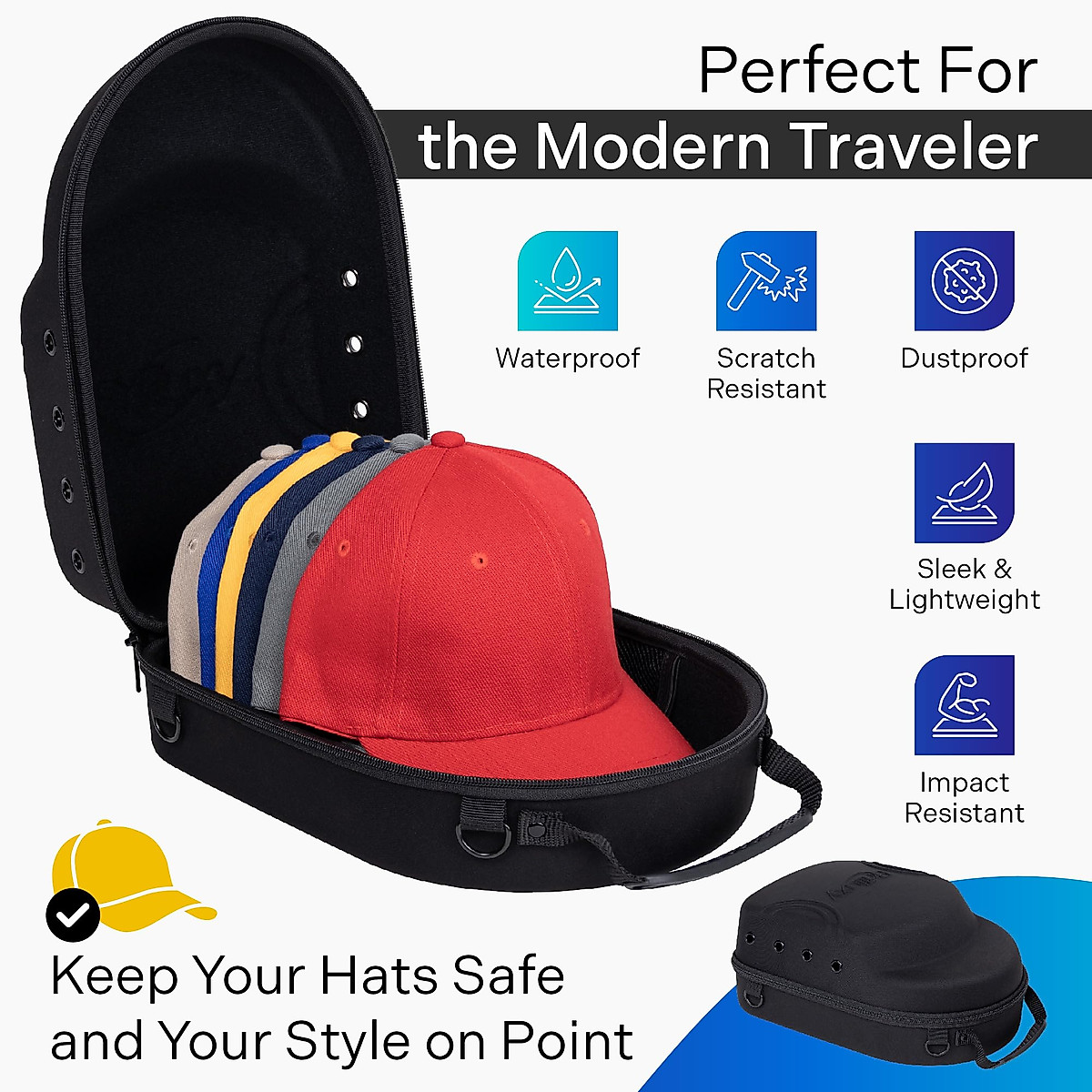 Brilluxy Hat Travel Case – Hat Storage for Baseball Caps with Sunglasses Case, Earbuds Pocket – Hat Case for Travel with Padded Carrying Straps – Hard Hat Carrying Case Fits up to 6 Hats