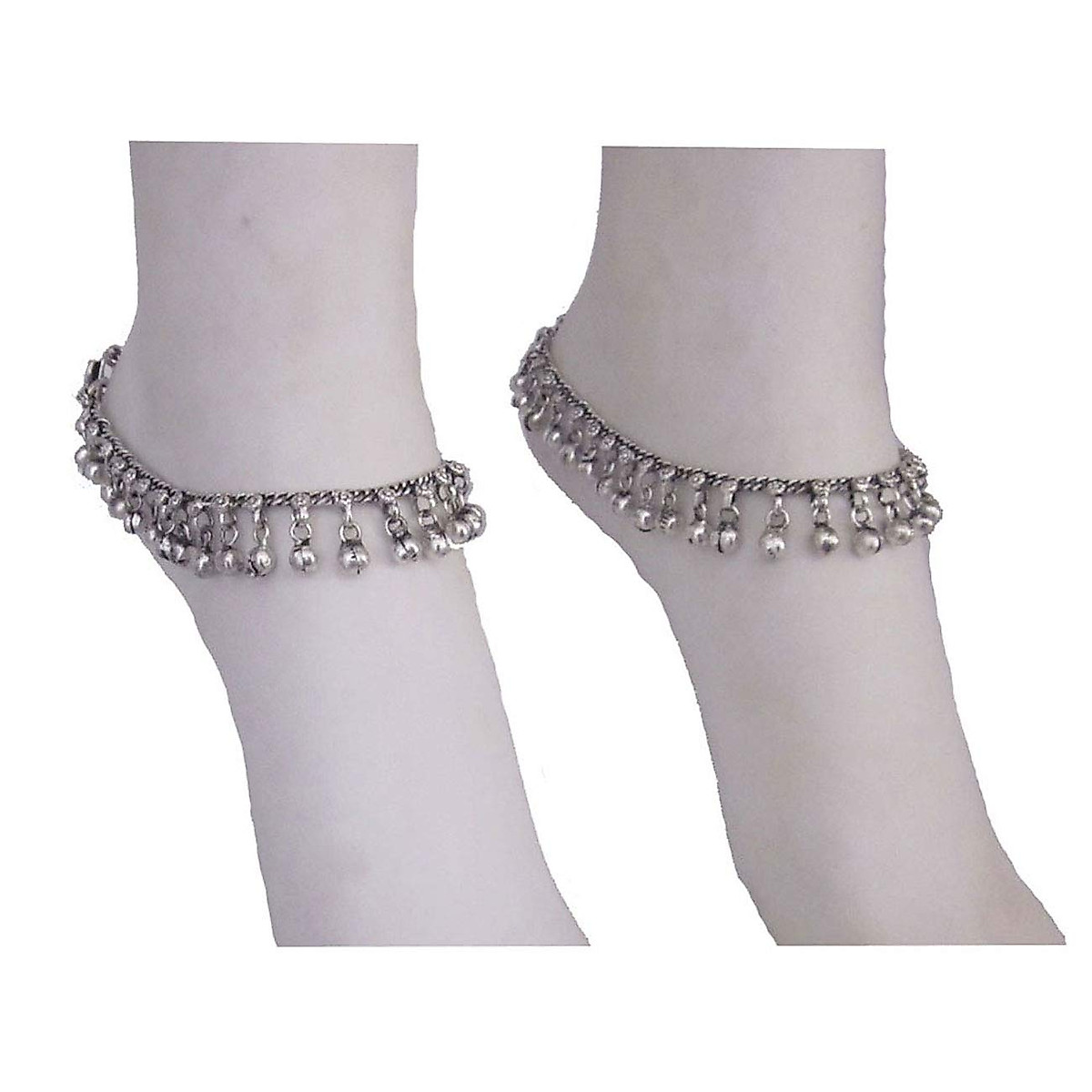 Anklet Pair Chain Bell Tassel Handcrafted | Boho Gypsy Goth Hippie Festival Vintage Style Ankle Bracelet Feet Jewelry | Womens Novelty Fashion Accessory | Indian Payal Metallic Silver Oxidized Finish