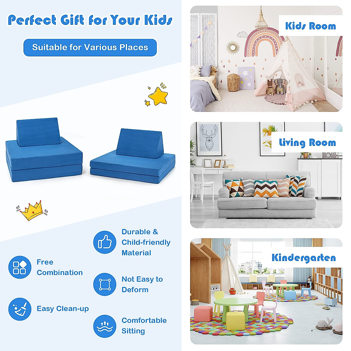 Costzon Kids Couch, 6-Piece Convertible Children's Sofa Playset or 2 Chair w/Folding Mats & 2 Pillows, Washable Cover, Toddler to Teen Bedroom Playroom Boys Girls Birthday