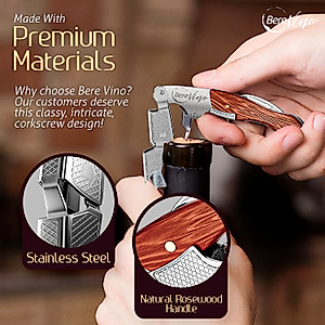 Bere Vino Professional Wine Opener with Foil Cutter | Manual Waiter Corkscrew, Wine Key for Servers and Bartenders | Stainless Steel Rosewood Wine Bottle Opener with Can/Bottle Opener for Home