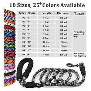 MayPaw Heavy Duty Rope Dog Leash, 3/4/5/7/6/8/10/12/15 FT Nylon Pet Leash, Soft Padded Handle Thick Lead Leash for Large Medium Dogs Small Puppy (12ft x 1/2", Black)