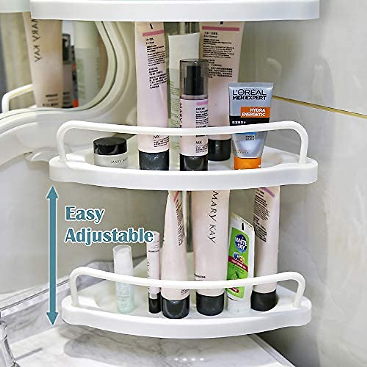 H&A Tension Shower Caddy Pole, Bathroom Corner Shower Rack, Stainless Steel Pole and Rustproof-White