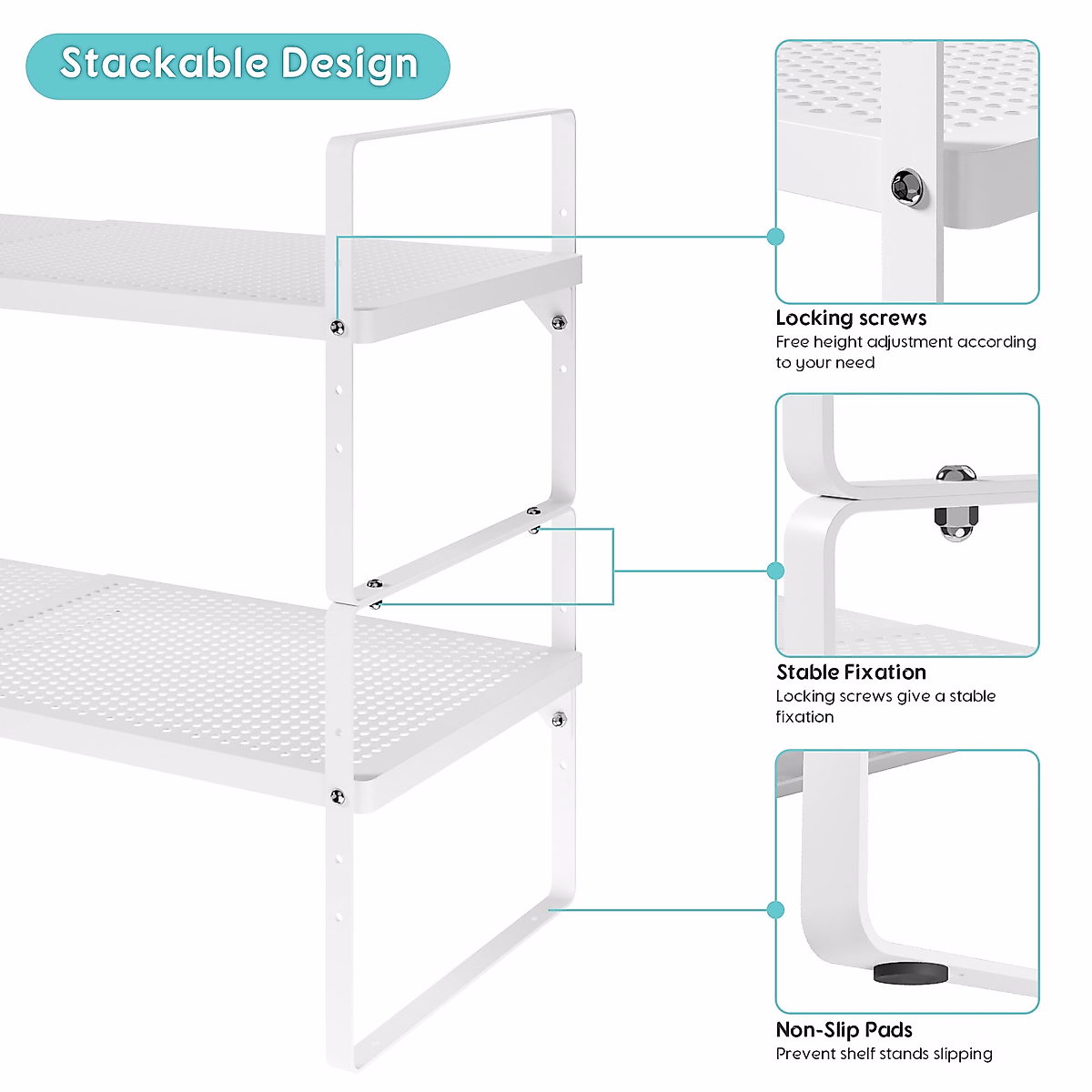 jkxoo 2Pack Expandable Cabinet Shelf Organizers, Stackable Metal Cabinet Shelves Extender for Kitchen Cabinet Countertop Storage, Adjustable Spices Shelves Rack Stand for Cupboard Pantry, White