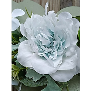 Artificial Flower Wreath,Wood Beads Camellia Wreath, Indoor/Outdoor Farmhouse Wreaths for Front Door Decor