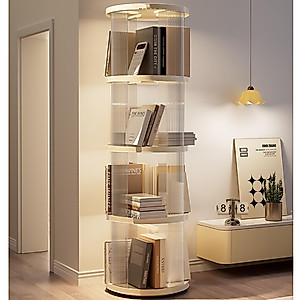Andazododc Bookcases 4 Tier Plastic Bookshelf, 53.35 x 15.95 in, White Tall Bookcase Shelf for CDs/Movies/Books, Storage Organizer for Bedroom/Living Room/Home Office (4 Layers/Circular/Rotating)