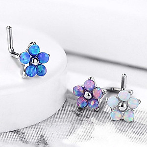 Covet Jewelry Flower with 5 Opal Petals 316L Surgical Steel L Bend Nose Stud Ring (Opal Purple)