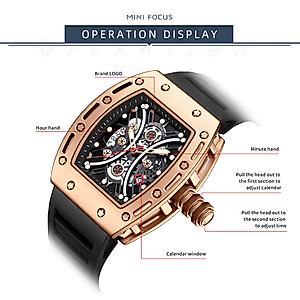 Mini Focus Unique Men Watch Tonneau Casual Wrist Watch (Hollow/Waterproof/Super Luminous/Calendar) Soft Silicon Band Fashion Cool Watch for Men