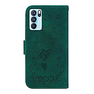 ONV Flip Case for Oppo Reno 6 Pro 5G - Rose Butterfly Embossed Phone Case with Card Holder Lanyard Stand Case Leather Magnetic Wallet Cover for Oppo Reno 6 Pro 5G [XT] -Green