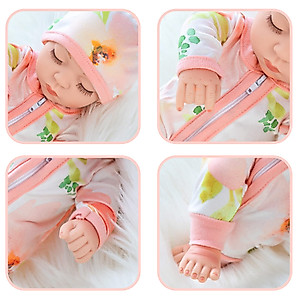 XFEYUE 10 Inch Newborn Reborn Baby Doll and Clothes Set Washable Realistic Soft Silicone Sleeping Baby Doll with Beautiful Flower Pattern Jumpsuit and Hat-Best Gift for Kids Girls
