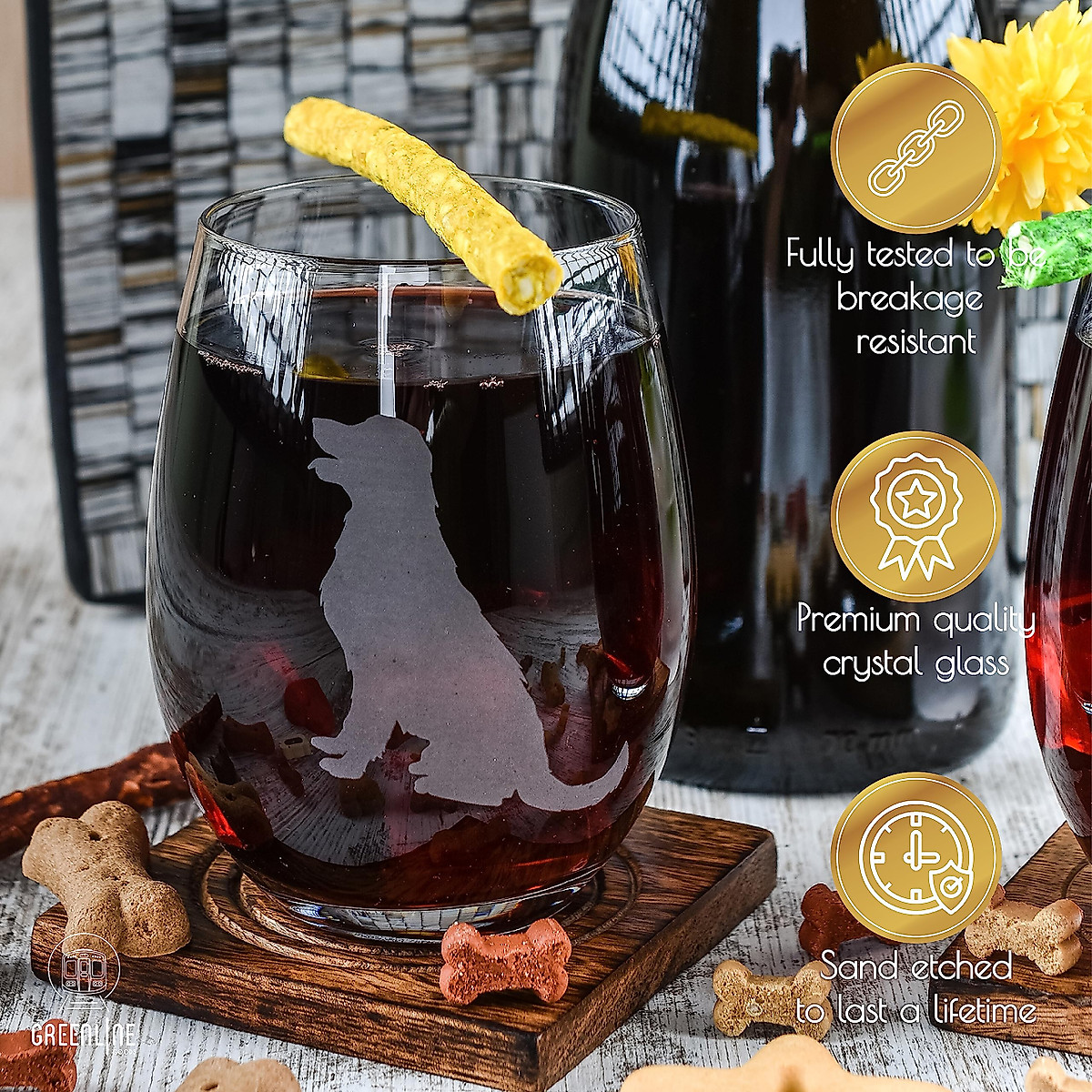 Golden Retriever Stemless Wine Glasses (Set of 2) | Unique for Dog Lovers | Hand Etched with Breed Name on Bottom