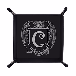 Dragon Dice Tray for RPG, Role Play Games, Table Top Gaming, Folding PU Storage Tray, Initial Leather Tray, Personalized Portable Organizer, Tray 4.75 Inches, Black Dragon Letter C