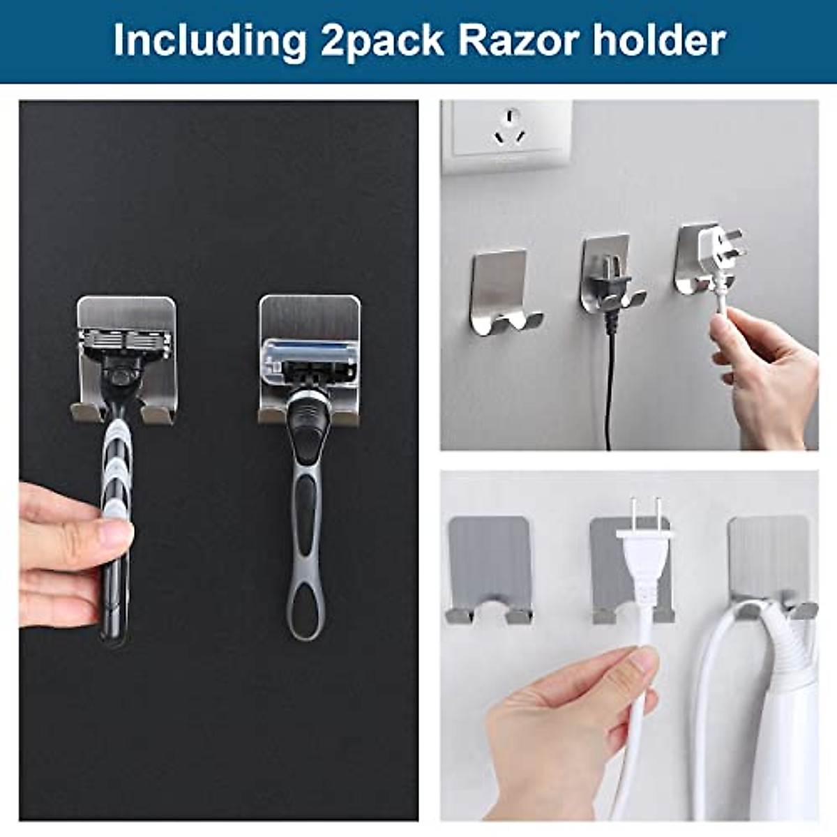 Diesisa Razor Holder for Shower + Adhesive Wall Hooks, Premium 304 Stainless Steel Shower Razor Holder with Heavy Duty Waterproof Sticky Hooks for Hanging Towels, Coat, hat (2+2 Pack)