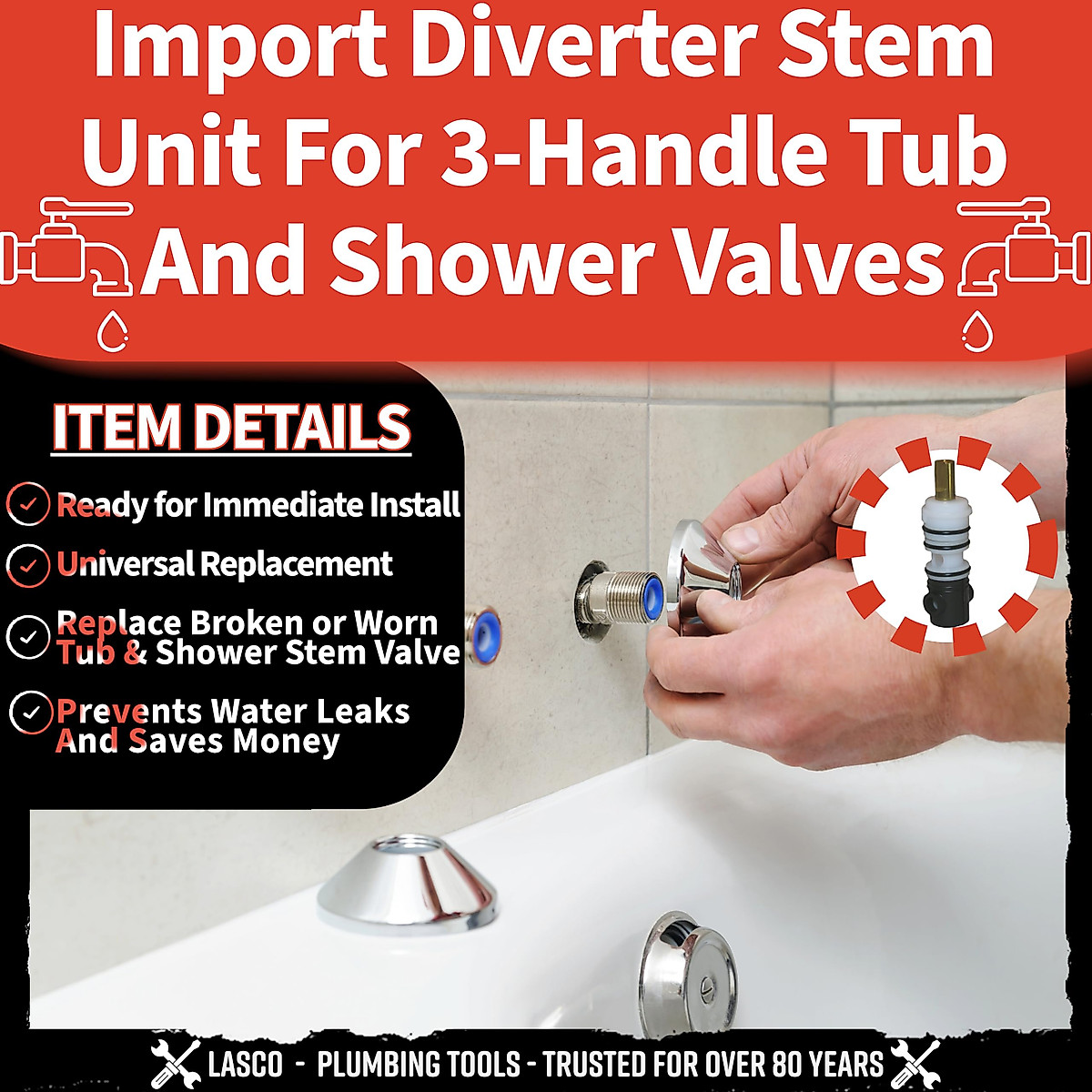 Lasco S-735-4T Import Diverter Stem ,0489,Delex Pattern Broach, For 3 Handle Tub And Shower Valve, Fits Many Import Valves,White/ Black