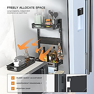 Supwunwang Magnetic Fridge Spice Rack Organizer，Magnetic Refrigerator Storage Rack with 3 Utility Hooks, 4 Tier Magnetic Paper Towel Holder, Multi Use Kitchen Rack Shelves [Matte Black] (Black)