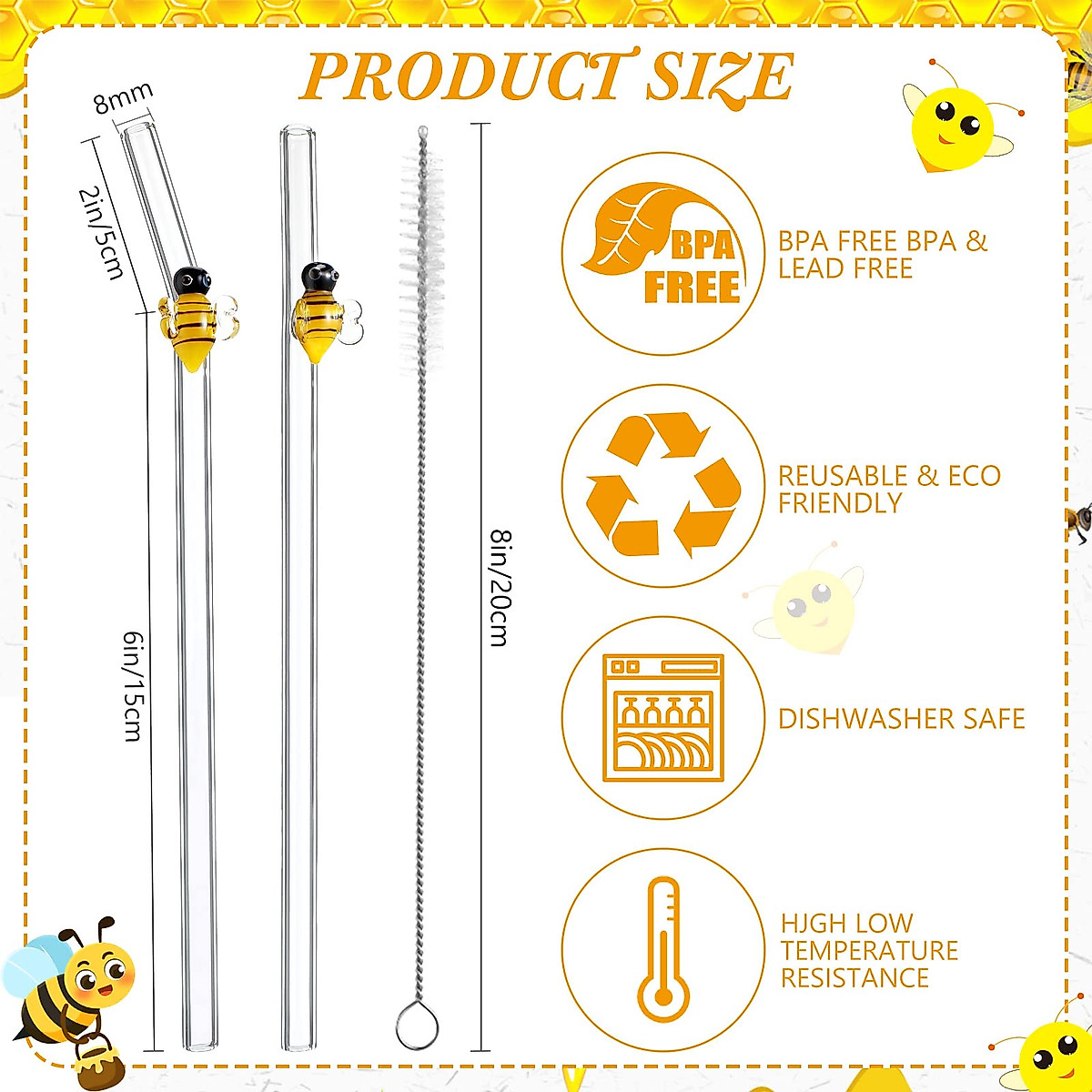 6 Pcs Reusable Glass Straws, Cute Bee on Clear Straws with Design 7.9 In x 8 Mm Colorful Shatter Resistant Bent Drinking Straws for Beverages, Shakes, Juices Suitable for Smoothies, Cocktails